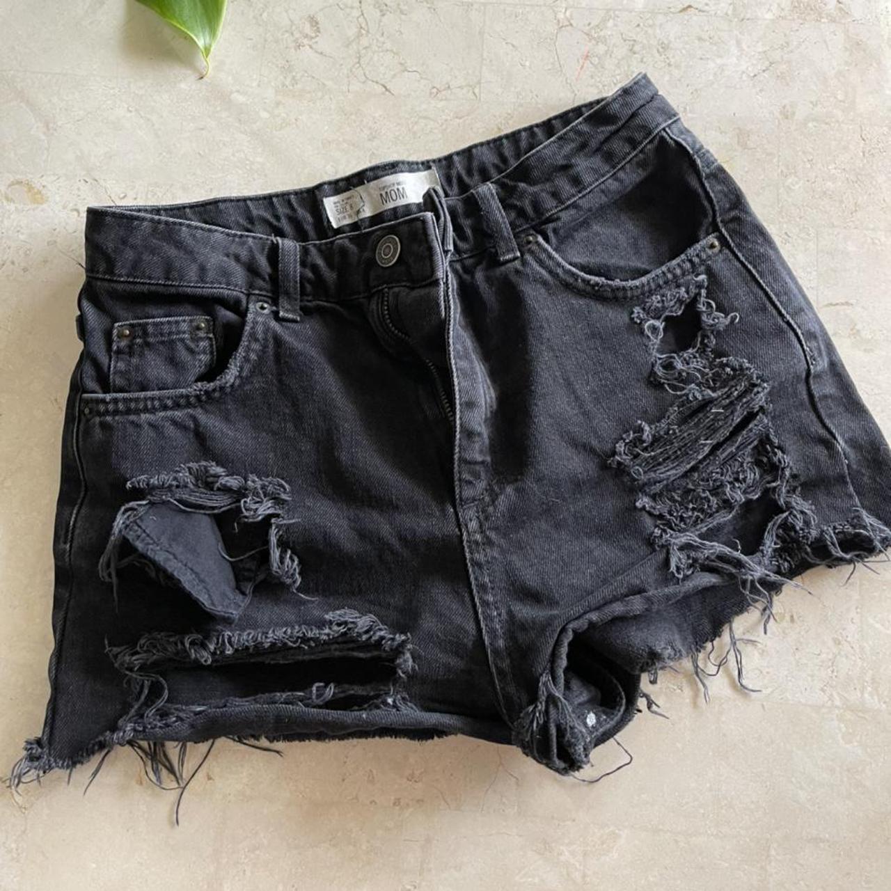 Top shop black distressed denim booty shorts Size 8 - Depop