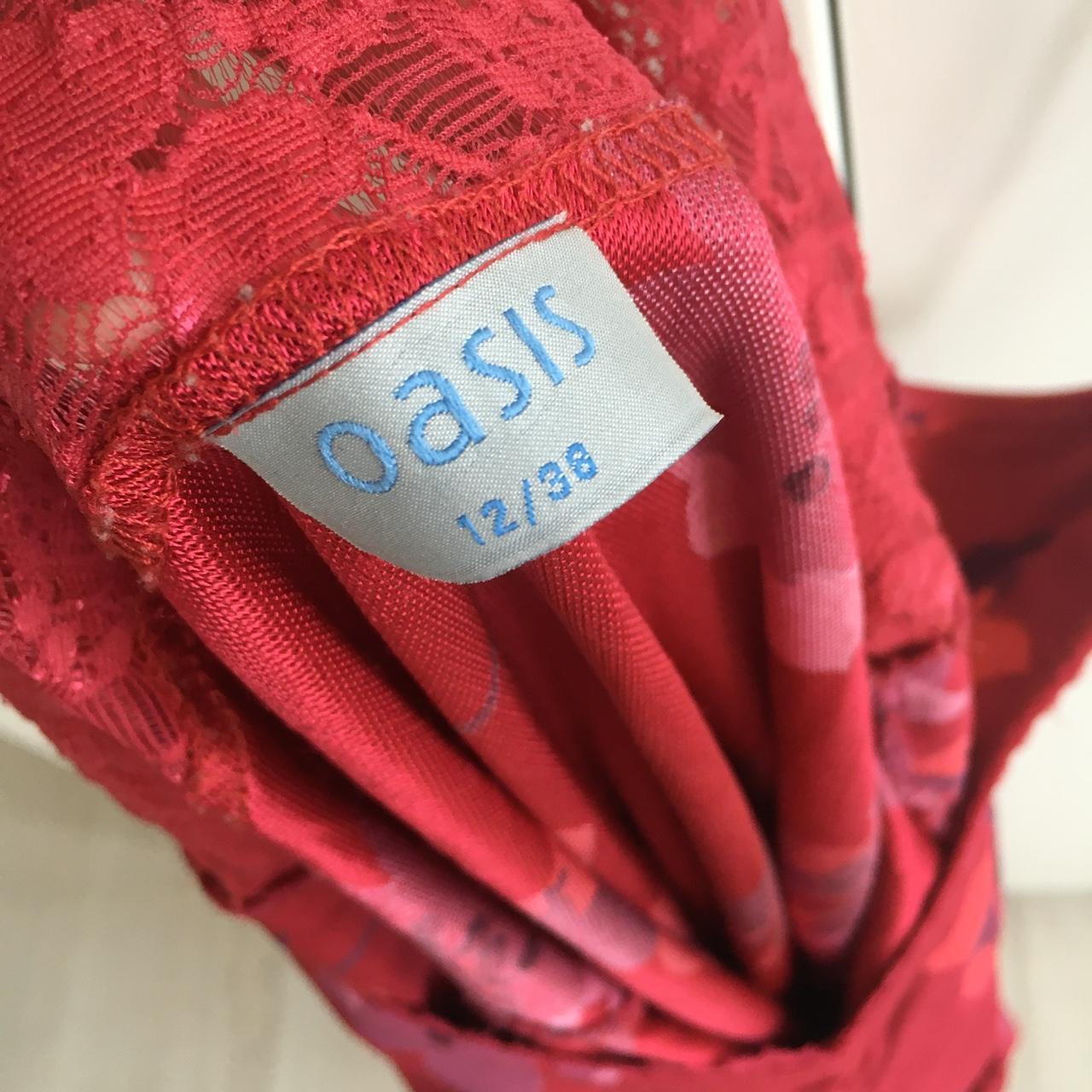 oasis red + pink floral strappy bodycon midi dress,... - Depop