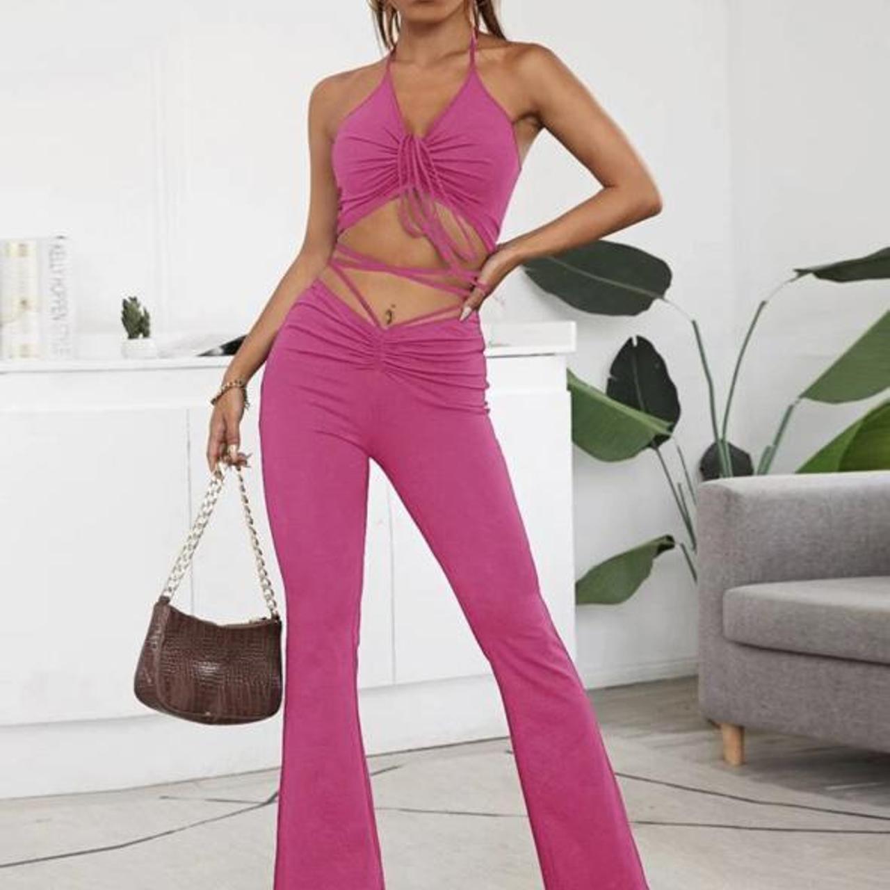 Hot pink halter neck and draw string two piece set... - Depop