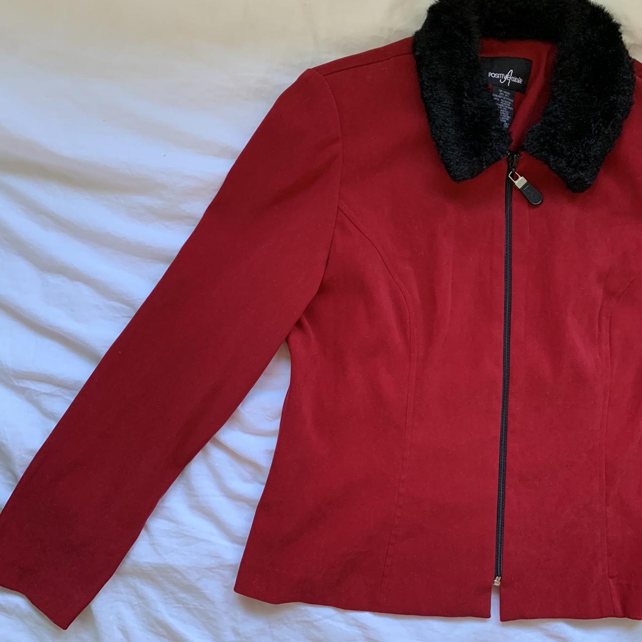 Vintage Red zip jacket with black faux fur collar //... - Depop