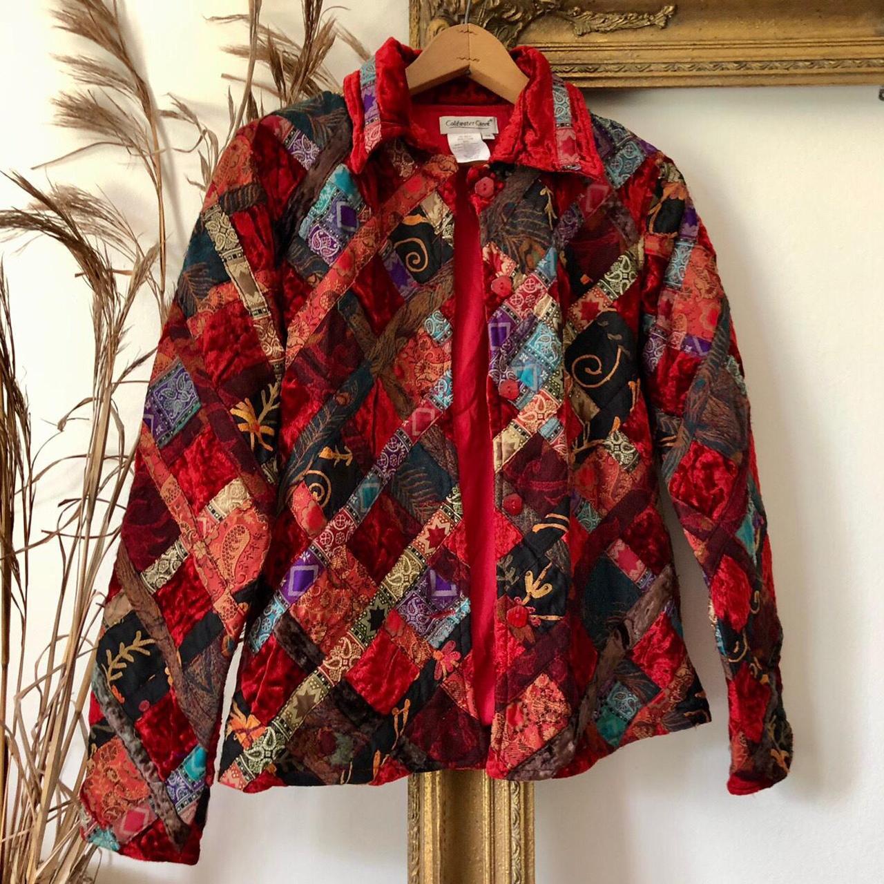 Rich Red Velour Quilted Jacket button font closure... - Depop