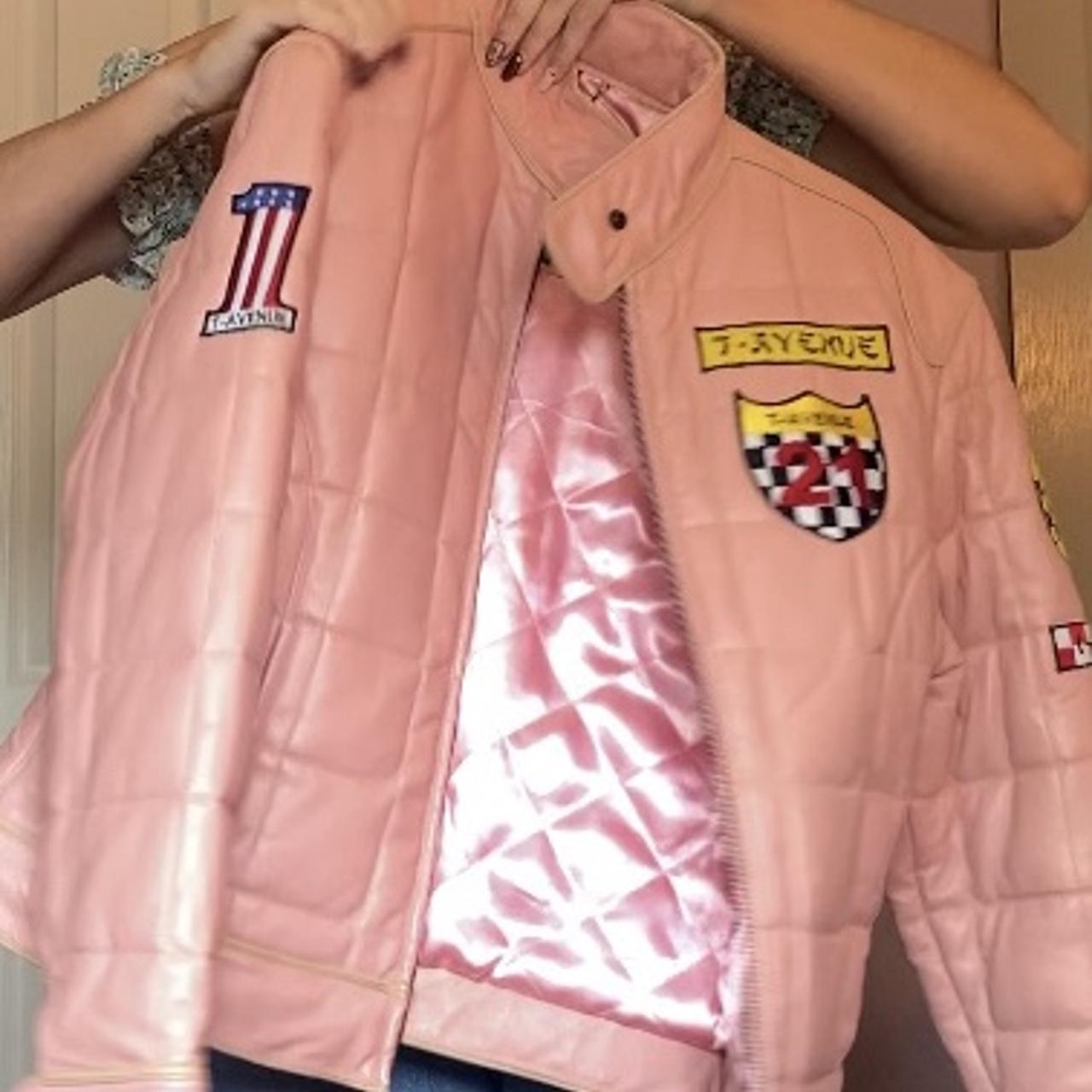 Vintage pink leather jacket with patches and satin... - Depop