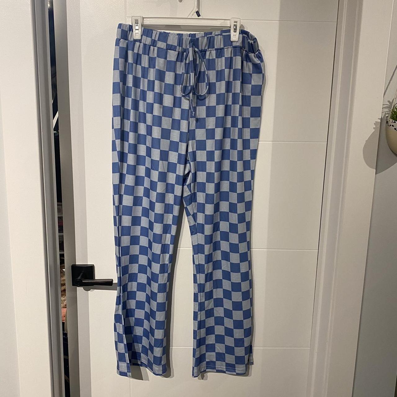 Blue Checkered Pants Soft blue checkered flare... - Depop
