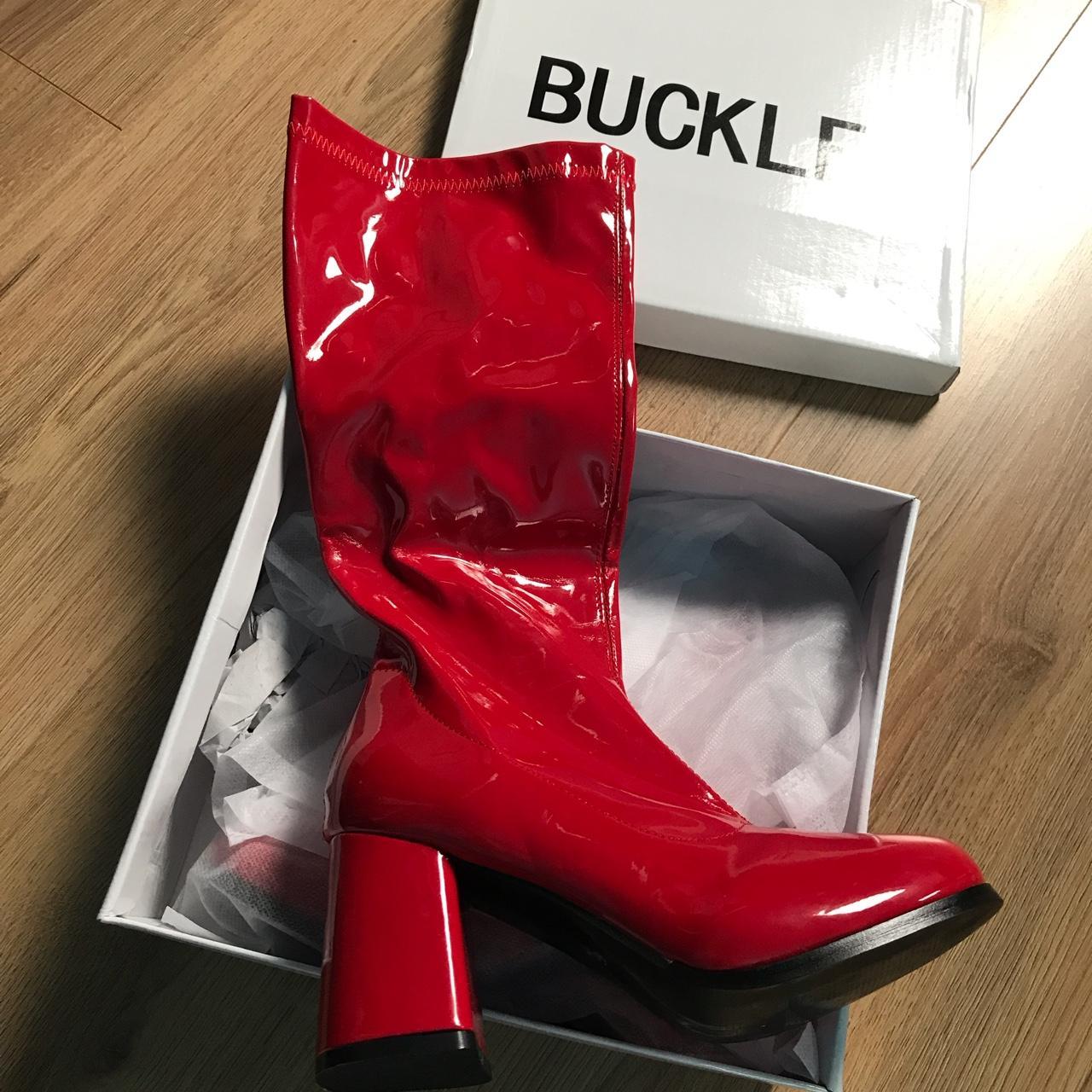 buckle red patent leather mid calf high boots with... - Depop