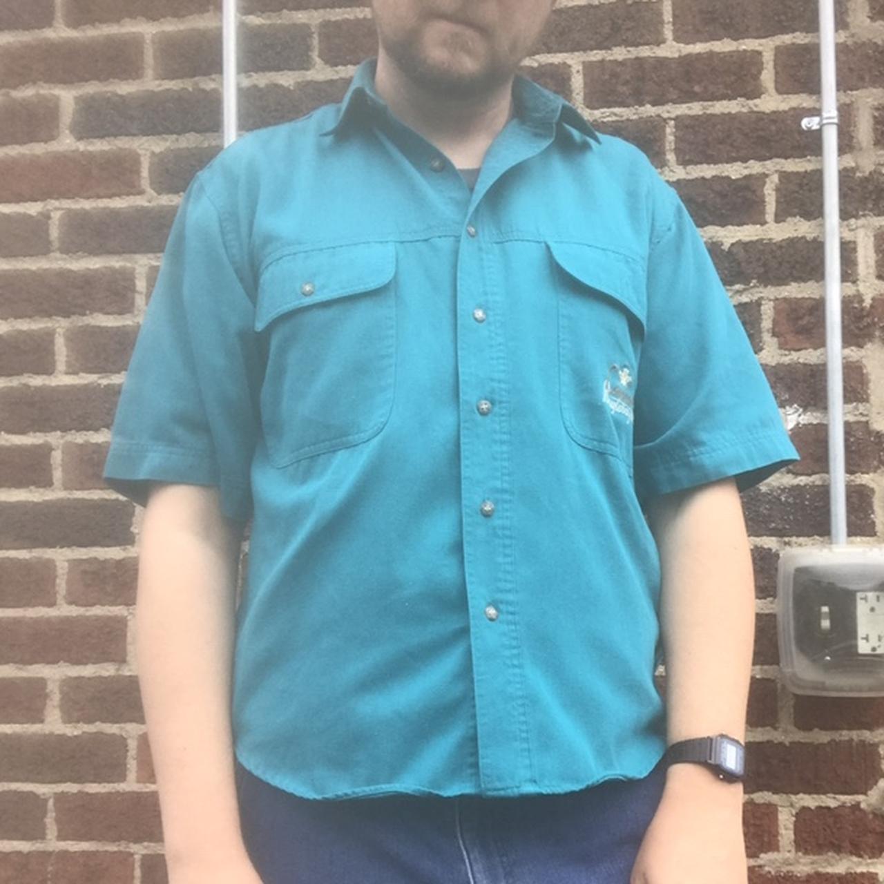 Teal 90s bugle boy button up w camp pockets size S - Depop