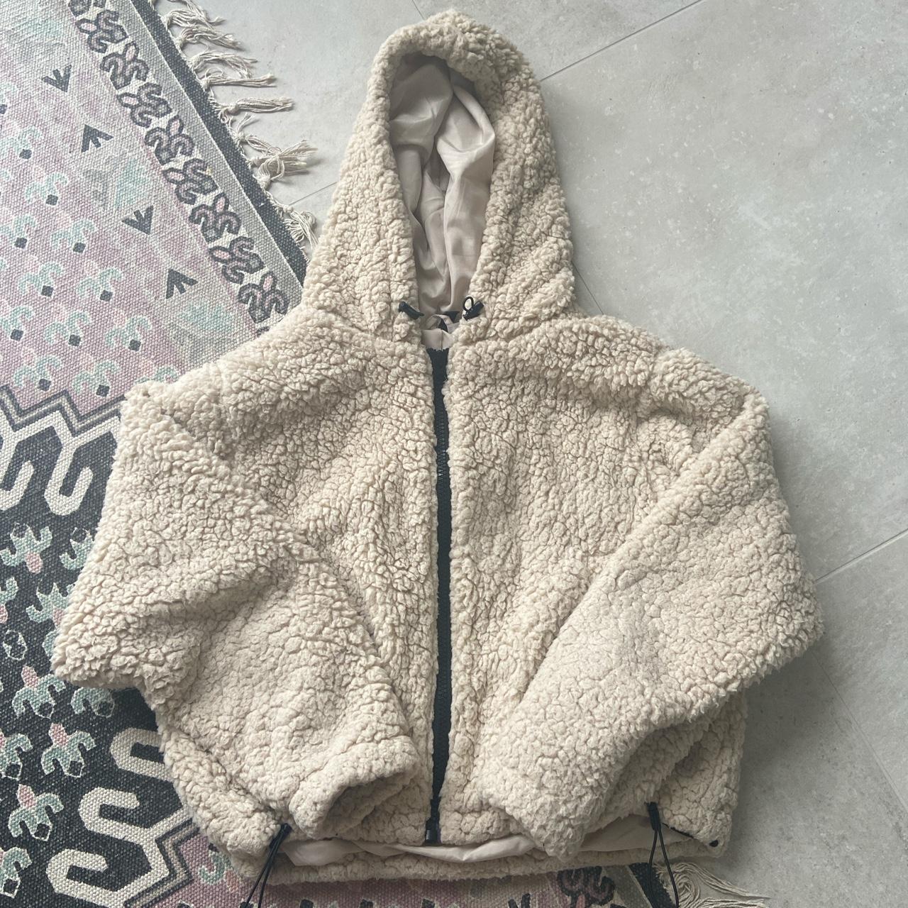H&M Hennes jacket in faux shearling with hood and... - Depop