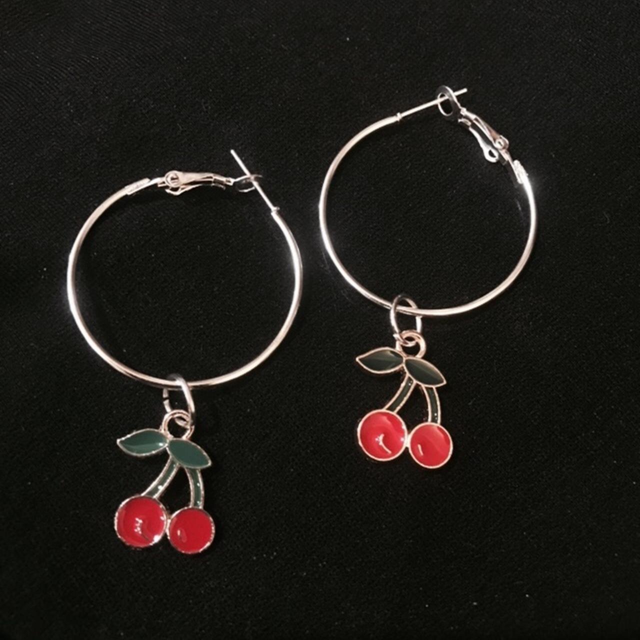 Small cherry hoop earrings on silver colored hoops.... - Depop