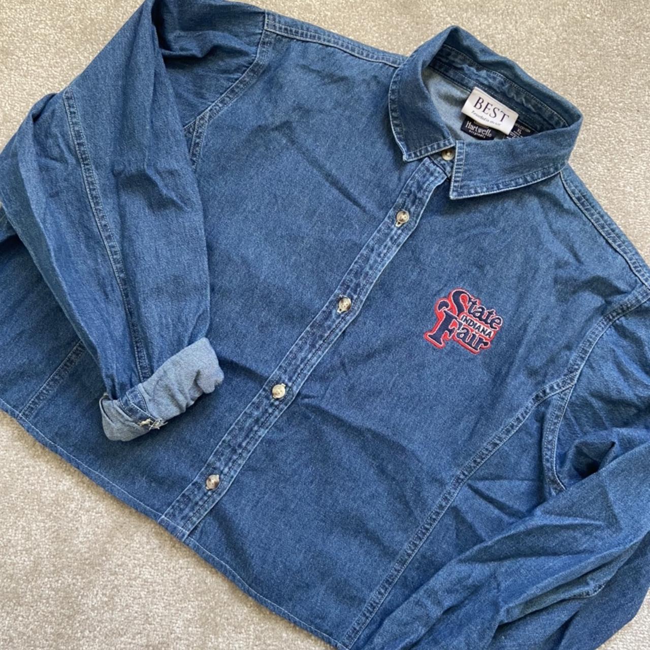 Vintage cropped denim shirt Indian state fair... - Depop