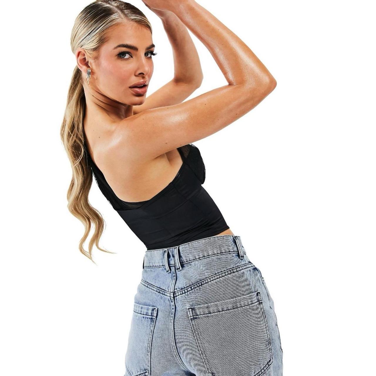 ASOS ASYOU MESH ONE SHOULDER CORSET TOP IN BLACK... - Depop