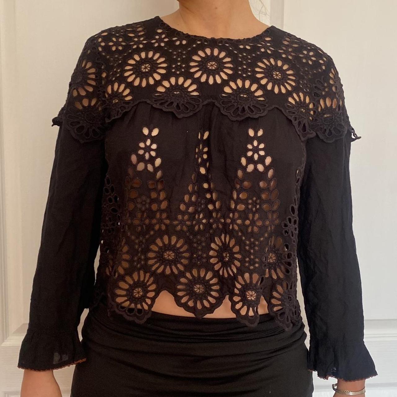 Ganni black lace style cut out top, size 6/8 - Depop