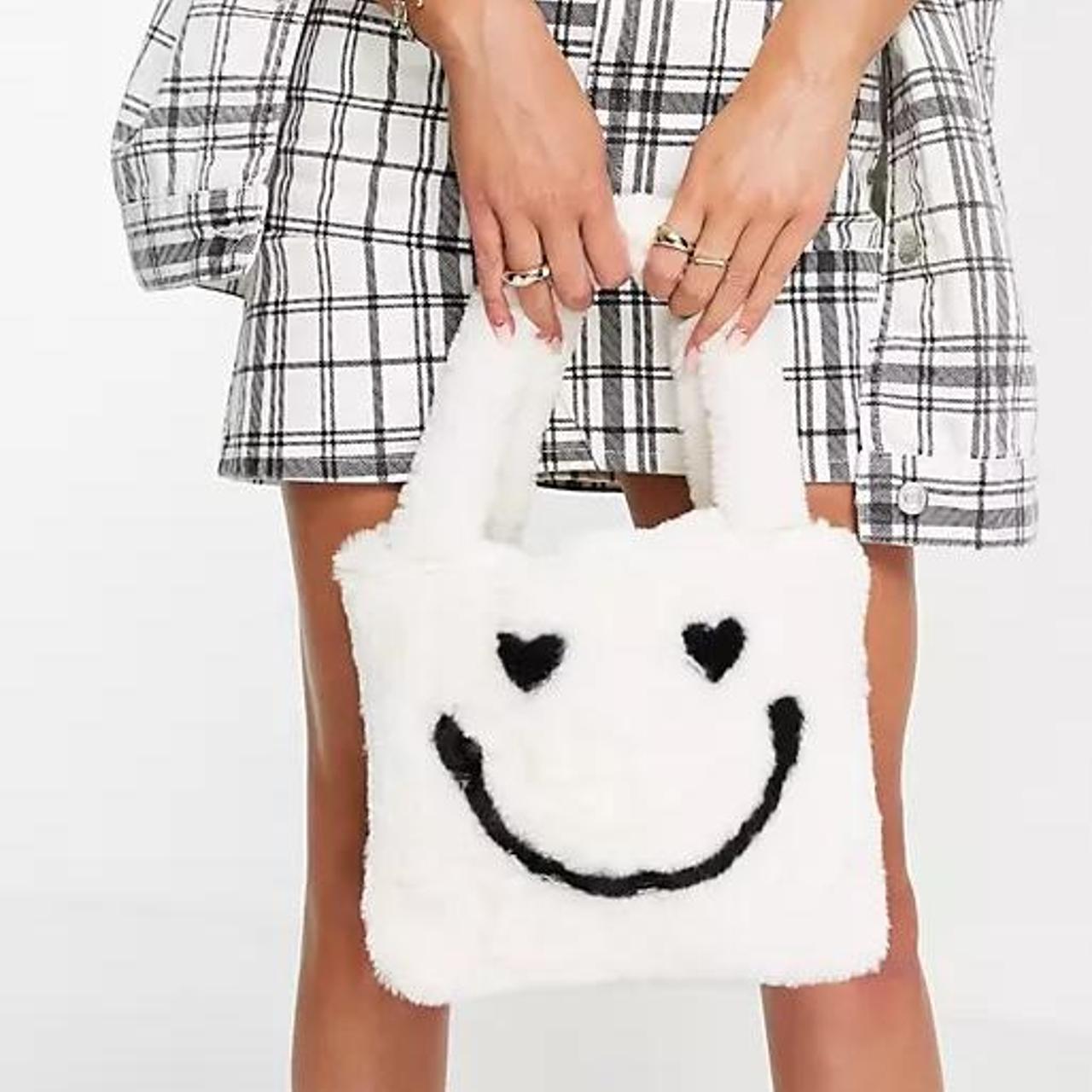 White and black fluffy smiley face bag from ASOS.... - Depop