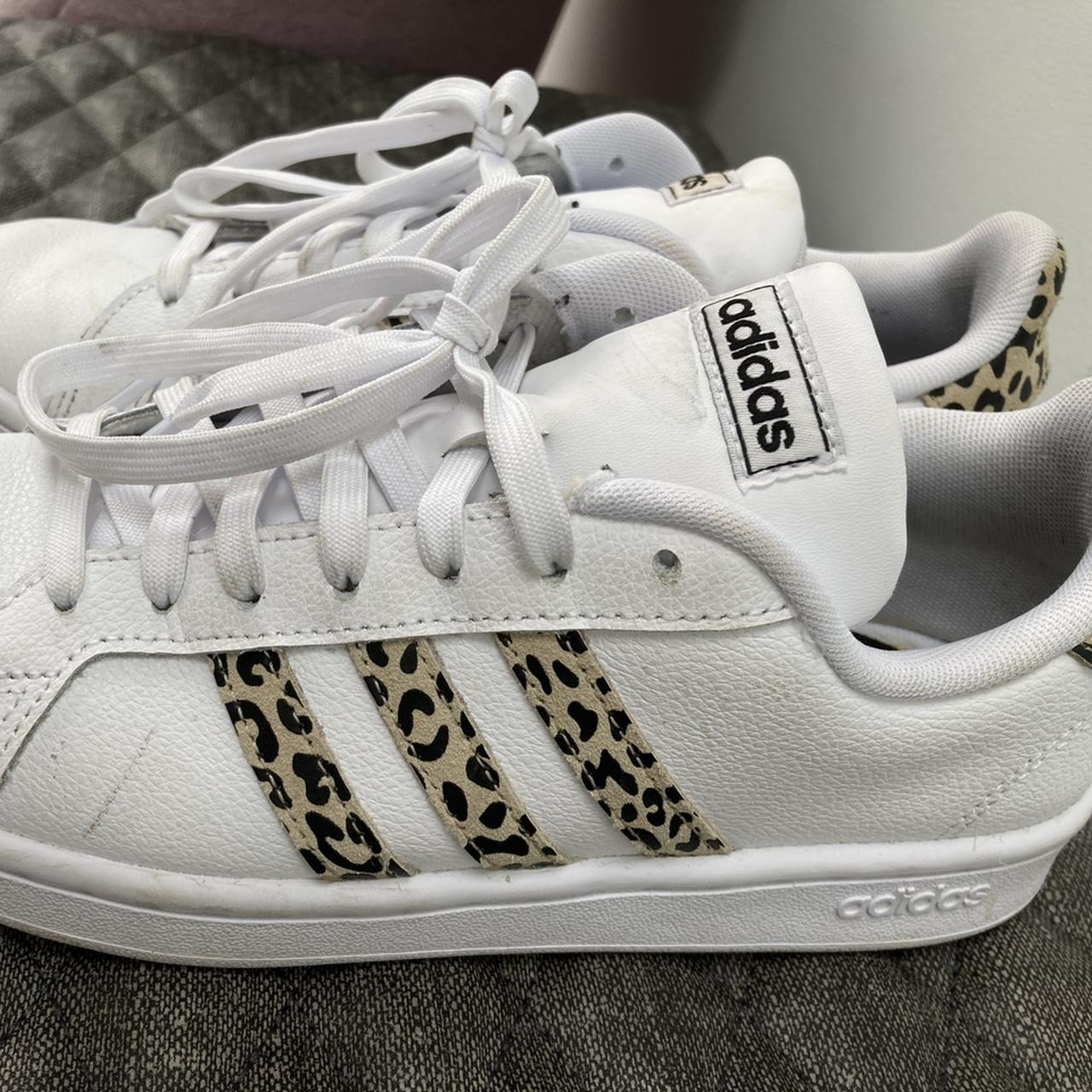Adidas white and leopard print trainers size 6... - Depop
