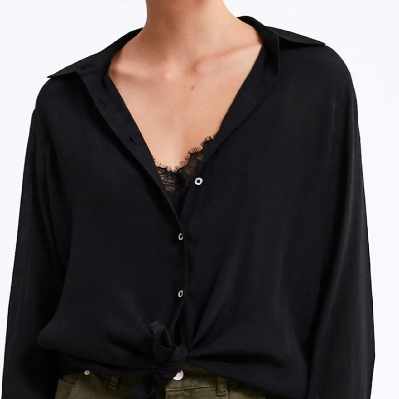 Camicia nera Zara a manica lunga, in tessuto leggero... - Depop