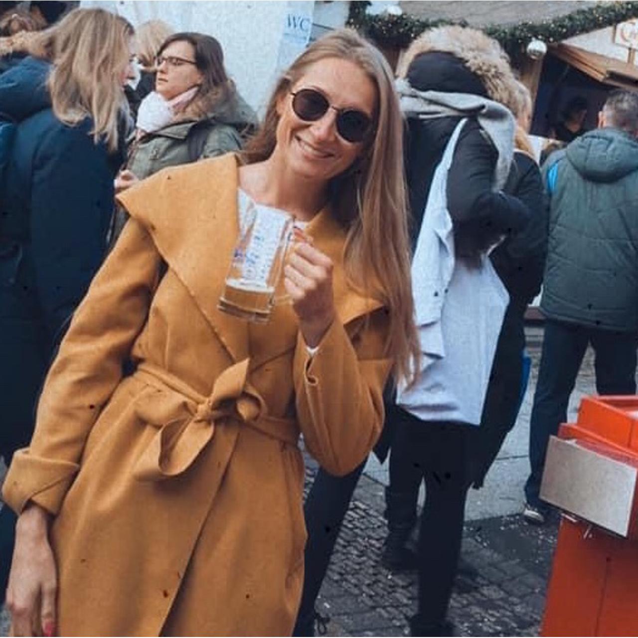 Mustard yellow waterfall coat with collar and tie... - Depop