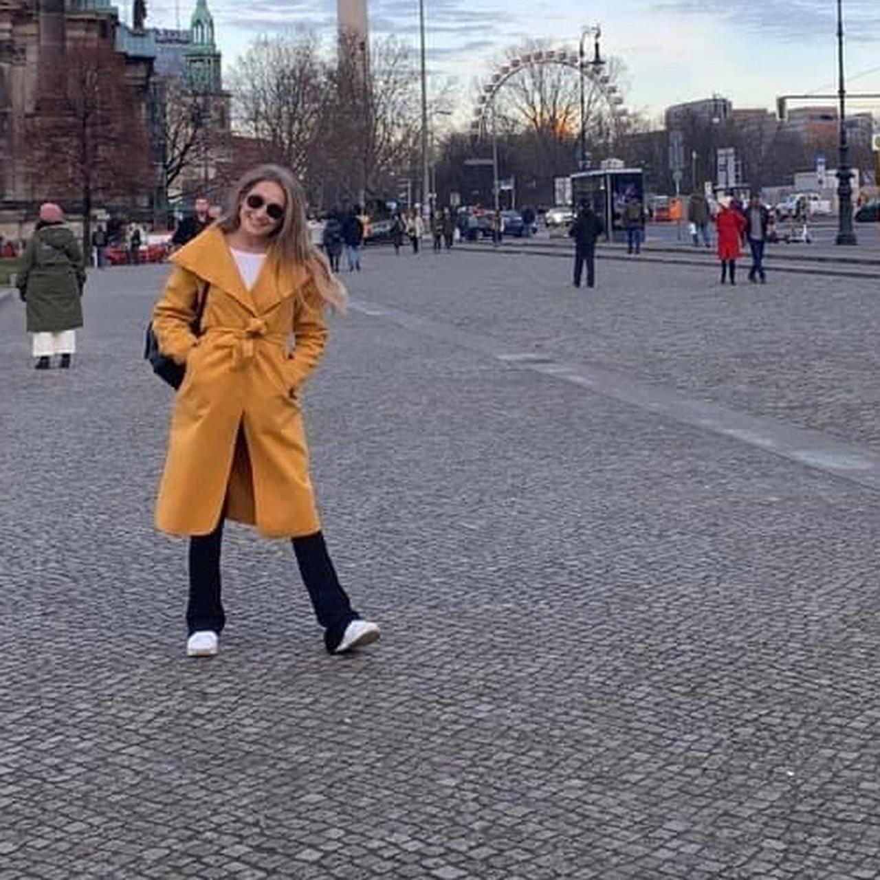 Mustard yellow waterfall coat with collar and tie... - Depop