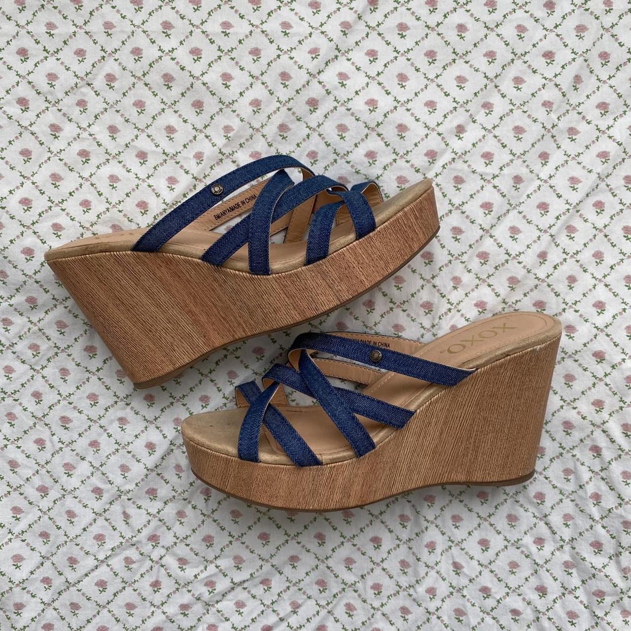 Vintage 90s y2k slip on denim strappy wooden wedge... - Depop Vintage 90s y2k slip on denim strappy wooden wedge... - Depop