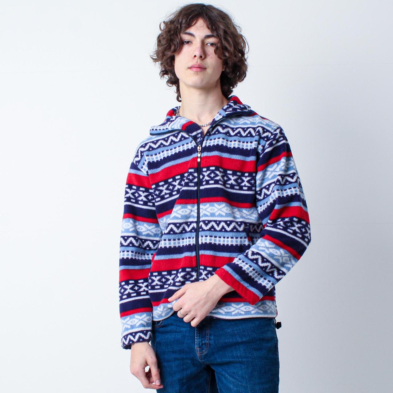 Vintage Pattern Fleece Blue & Red Medium Vintage... - Depop