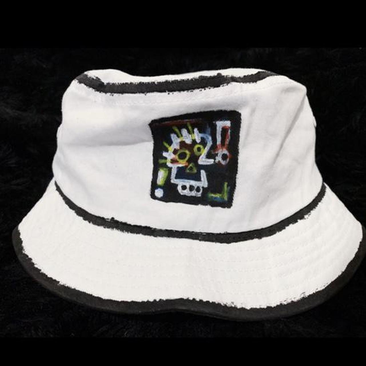 hand painted white bucket hat basquiat-esque style... - Depop