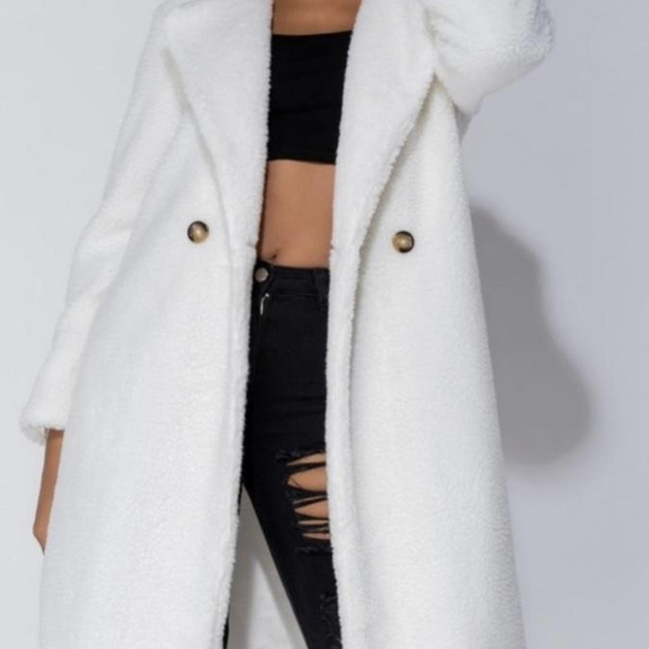 Off White Longline Borg Teddy Coat Longline... - Depop