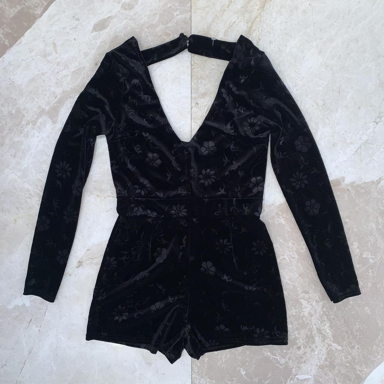 BOOHOO black velvet long sleeve playsuit Flower... - Depop