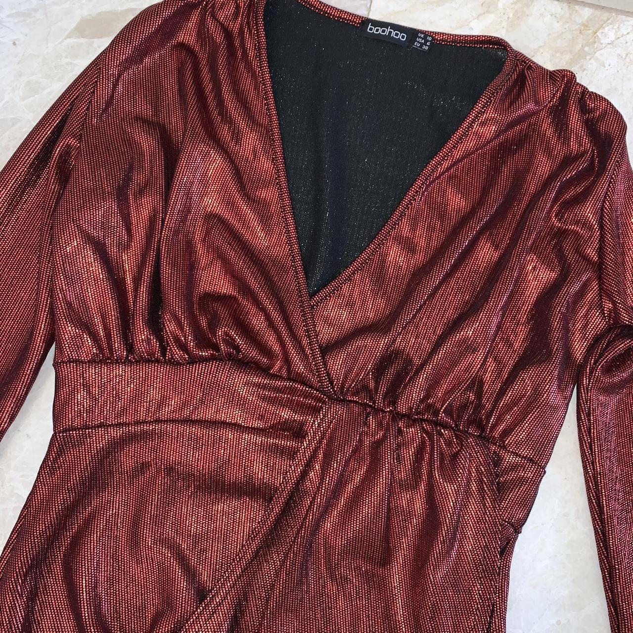 BOOHOO red metallic shiny lycra long sleeve dress... - Depop
