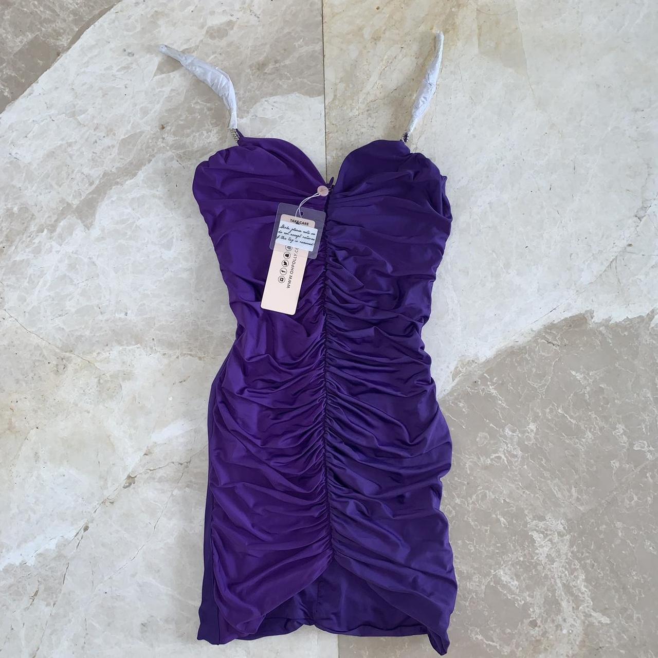 OH POLLY purple ruched slinky tight bodycon dress... - Depop