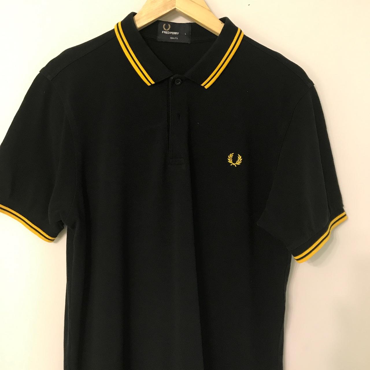 Fred Perry black and yellow polo shirt size Large.... - Depop
