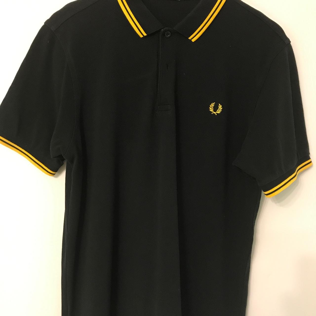 Fred Perry black and yellow polo shirt size Large.... - Depop