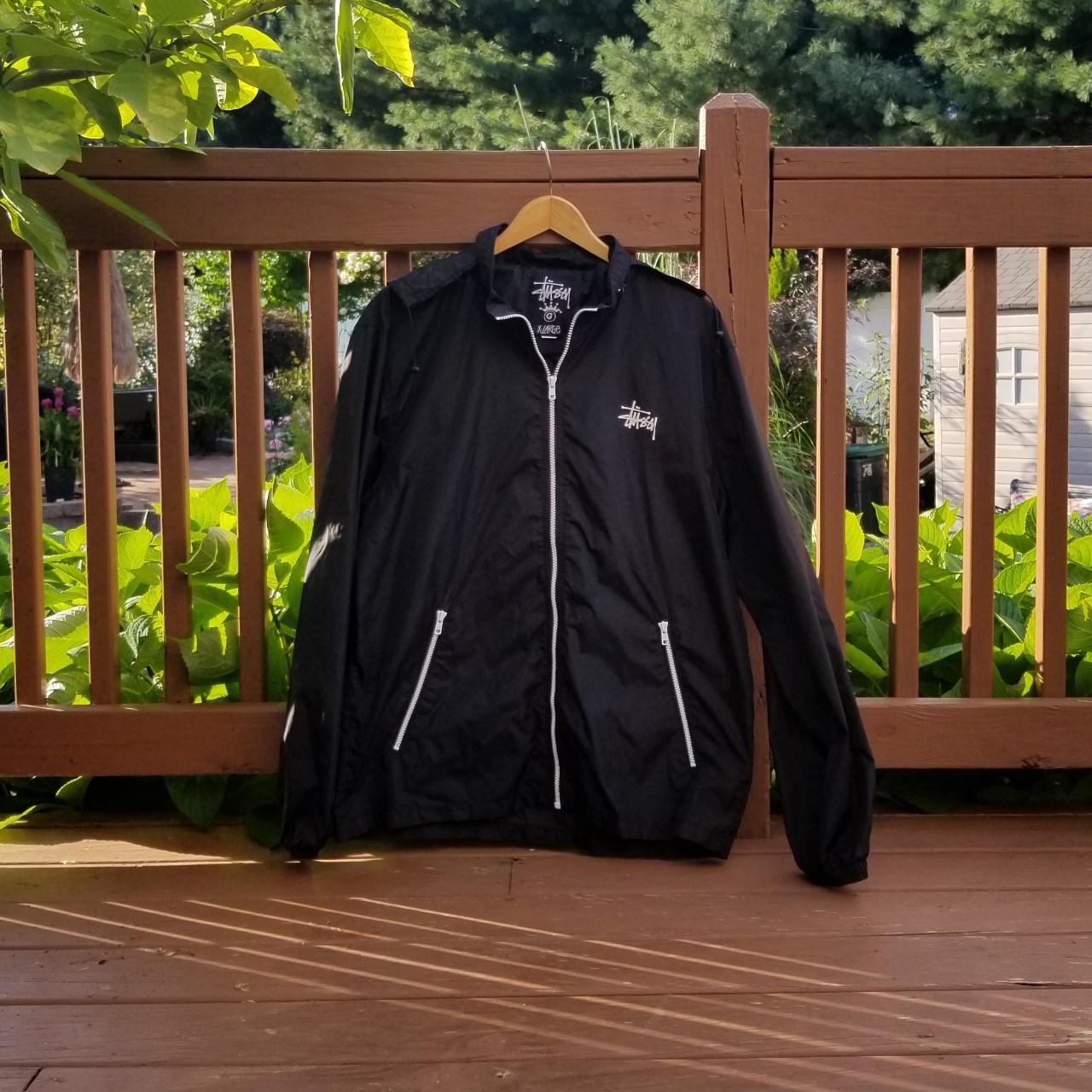 ☄ Stucy blk wind breaker with hidden zip hood size... - Depop