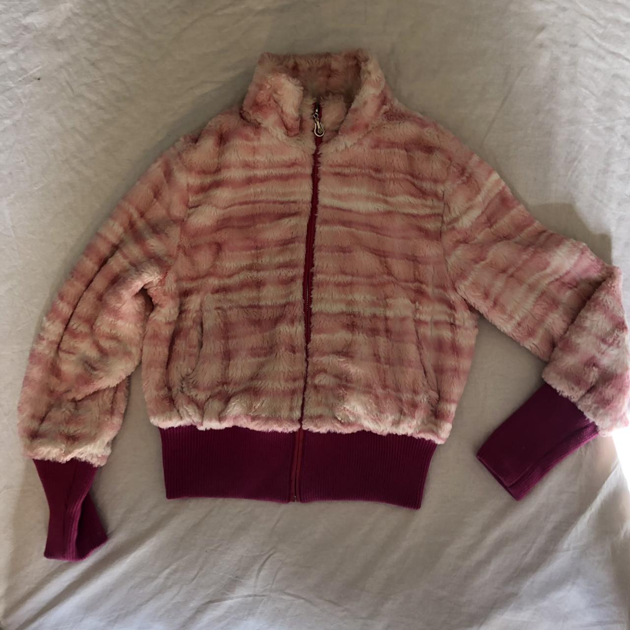 Cute pink and white, fluffy, vintage jacket with... - Depop
