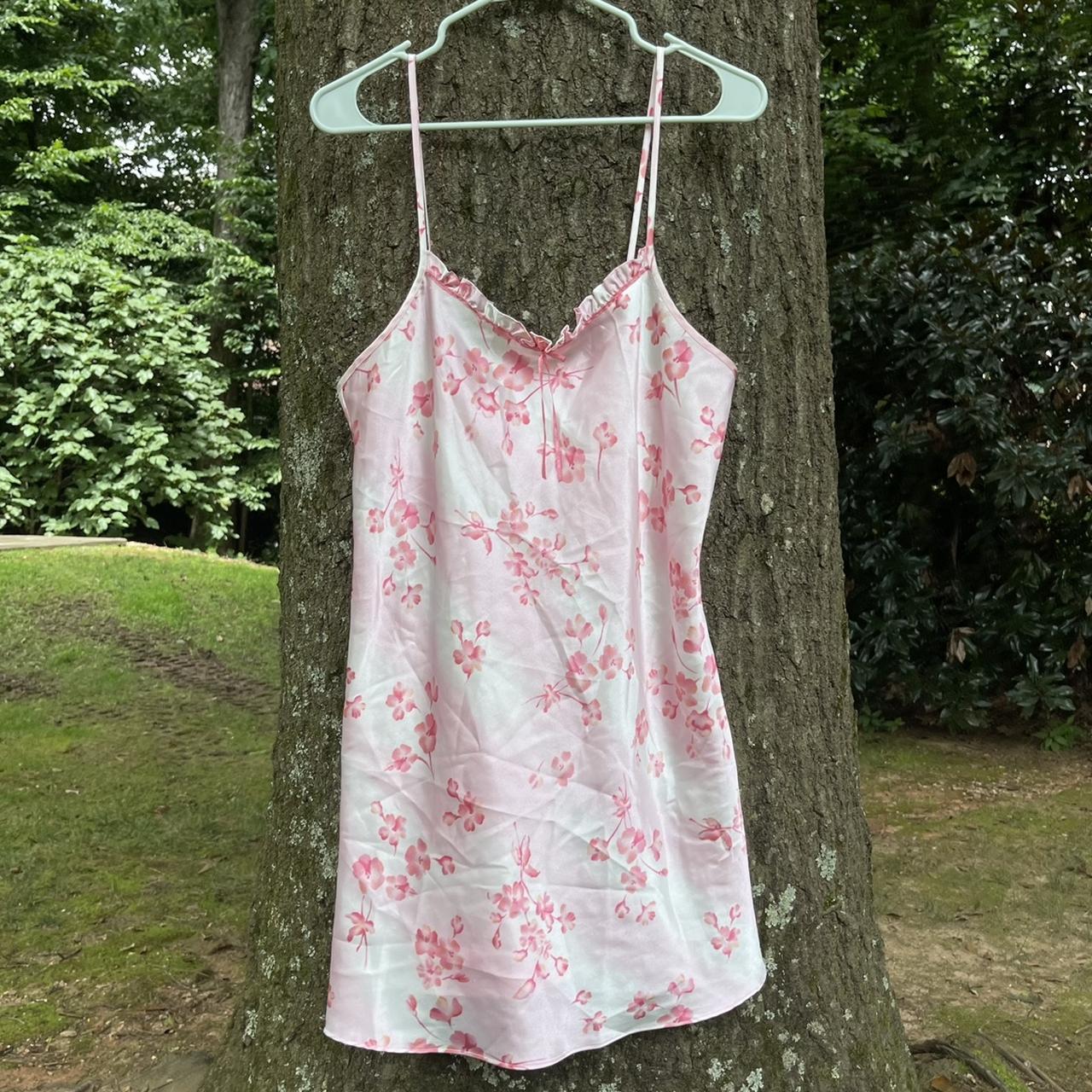 y2k pink floral slip dress • pink floral pattern... - Depop