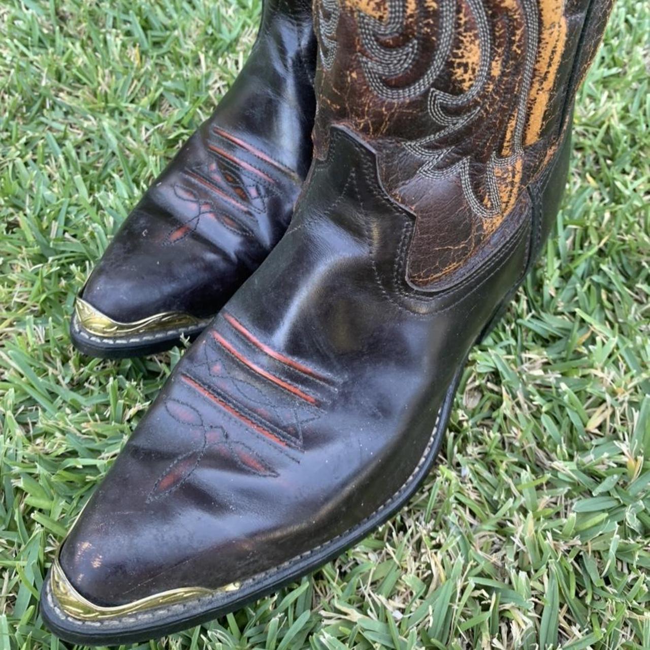 Vintage, Authentic, Brown Leather Cowboy Boots Gold... - Depop