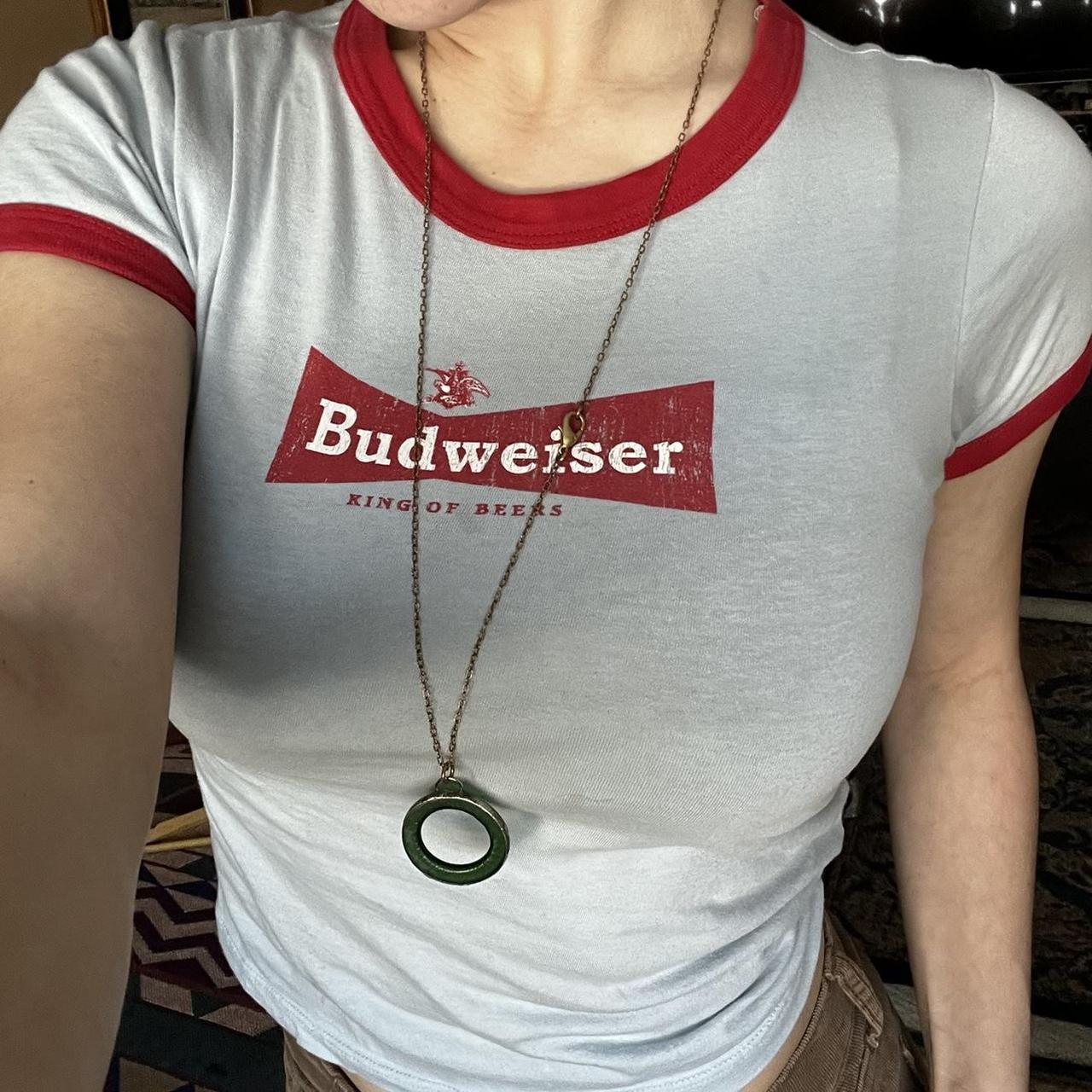 Vintage Budweiser baby blue & red ringer bb tee.... - Depop