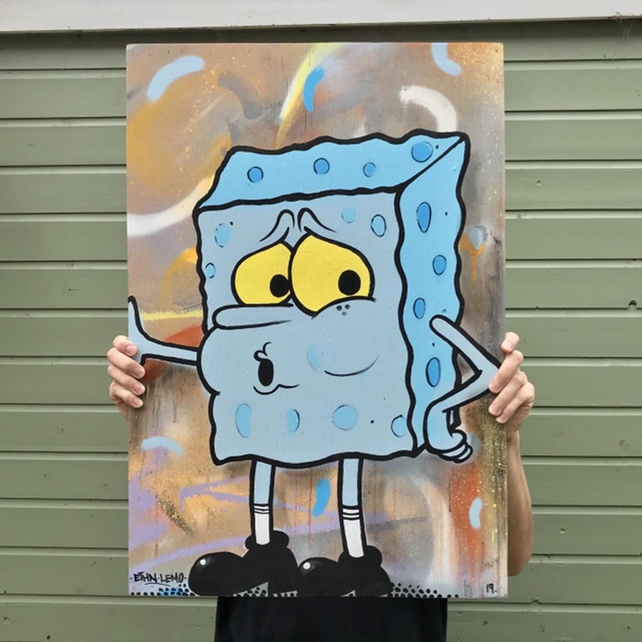 Blue Spongebob painting on wooden panel, framed on... - Depop