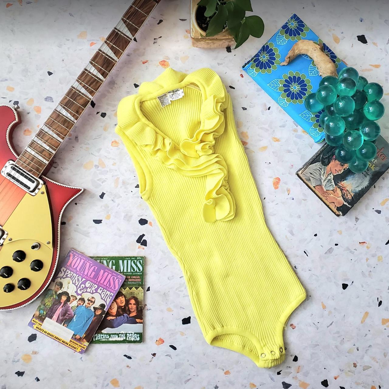 Vintage 1970's Lemon Yellow Ruffle Knit Bodysuit... - Depop