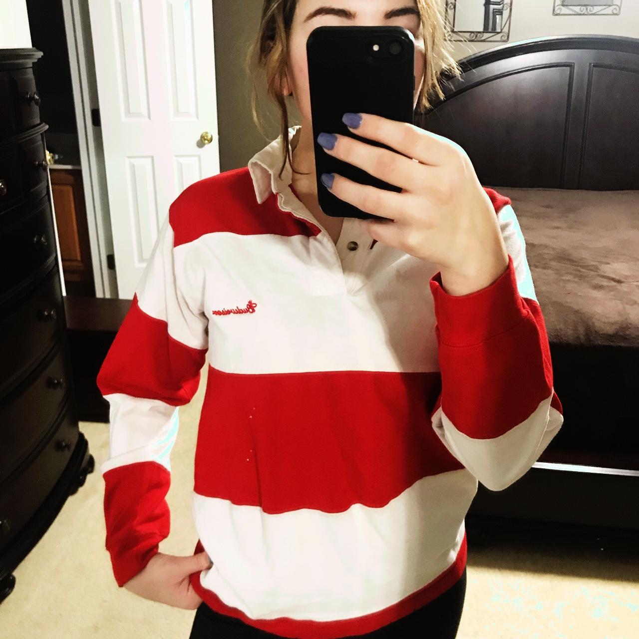MESSAGE BEFORE BUYING. Budweiser striped rugby tee.... - Depop