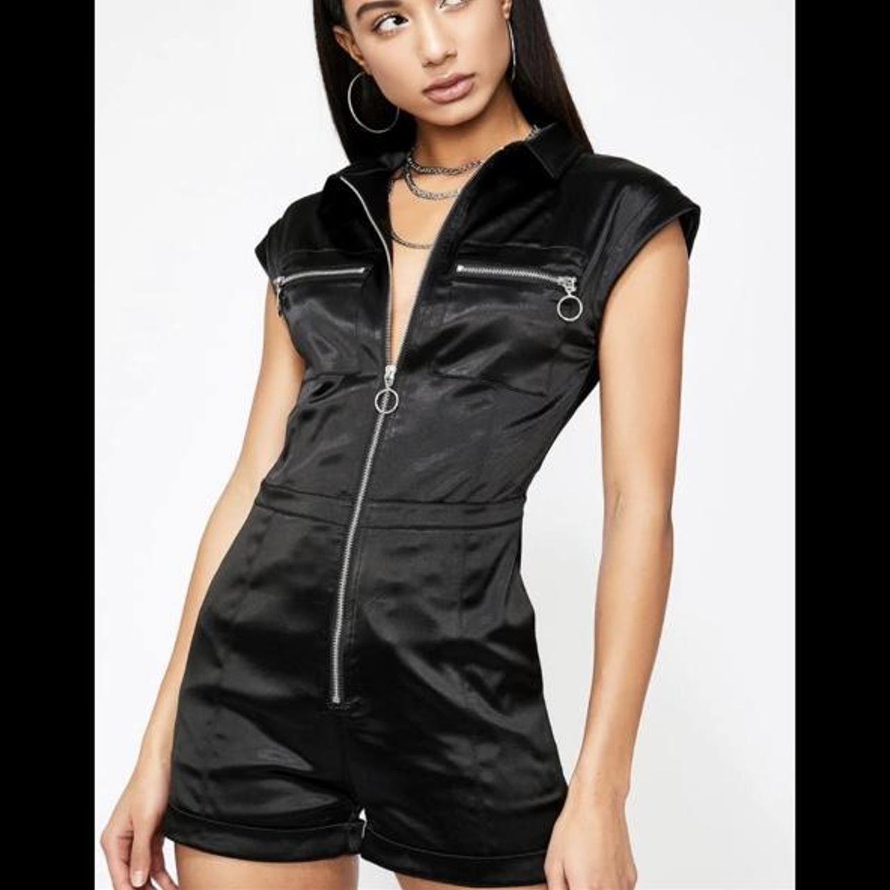 dolls kill utility playsuit black satin... - Depop