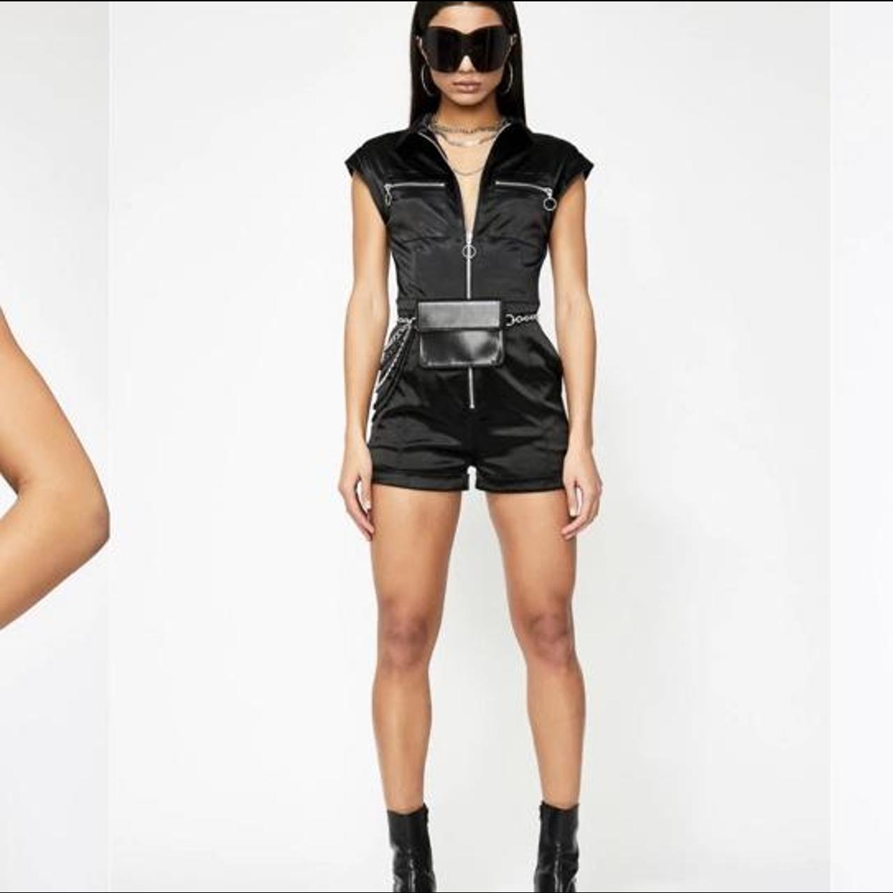 dolls kill utility playsuit black satin... - Depop