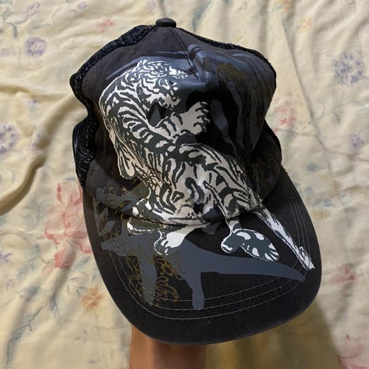 Black/grey graphic tiger cap reminiscent of Ed Hardy - Depop
