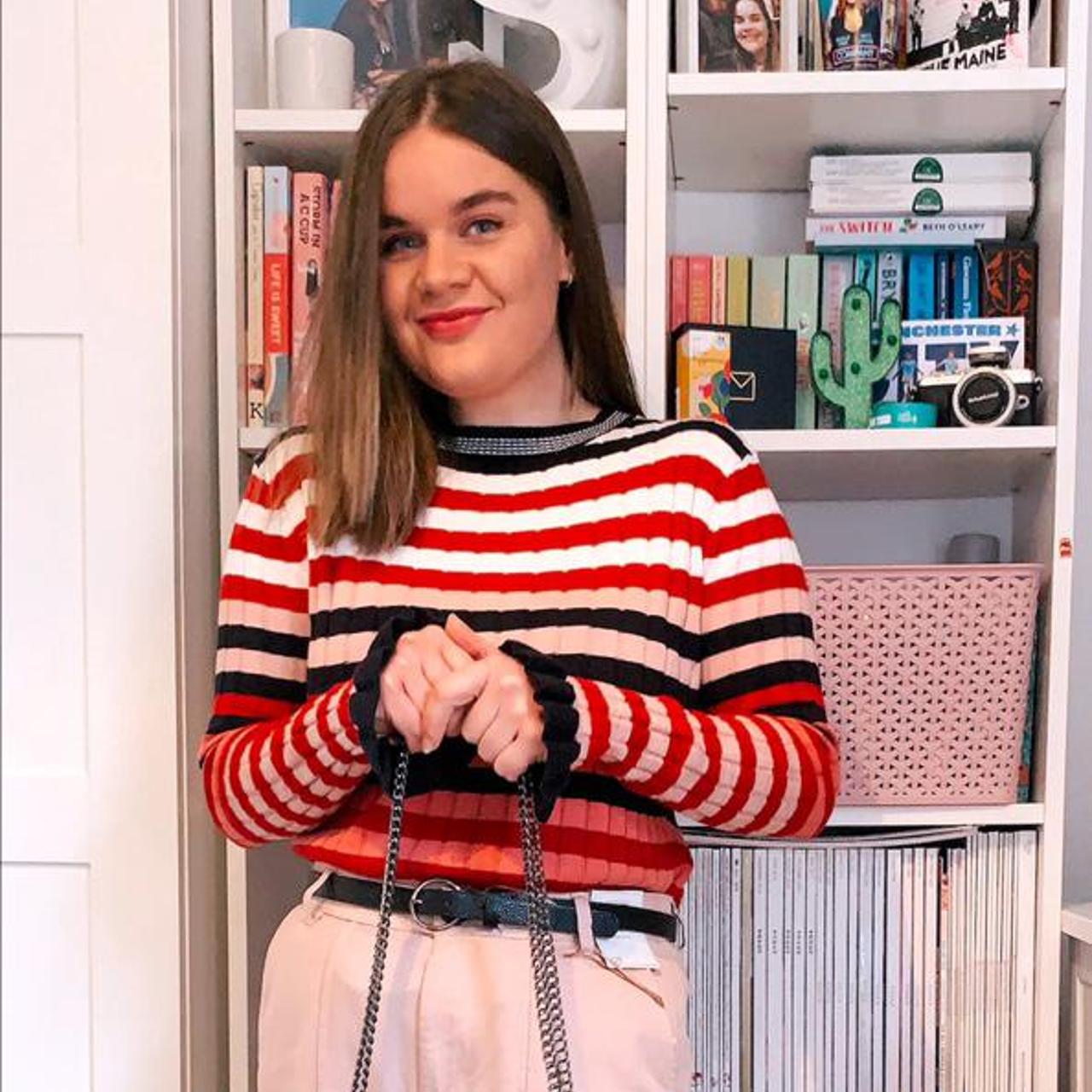 Nutmeg Red, Pink, Black & Glitter Thread Striped... - Depop