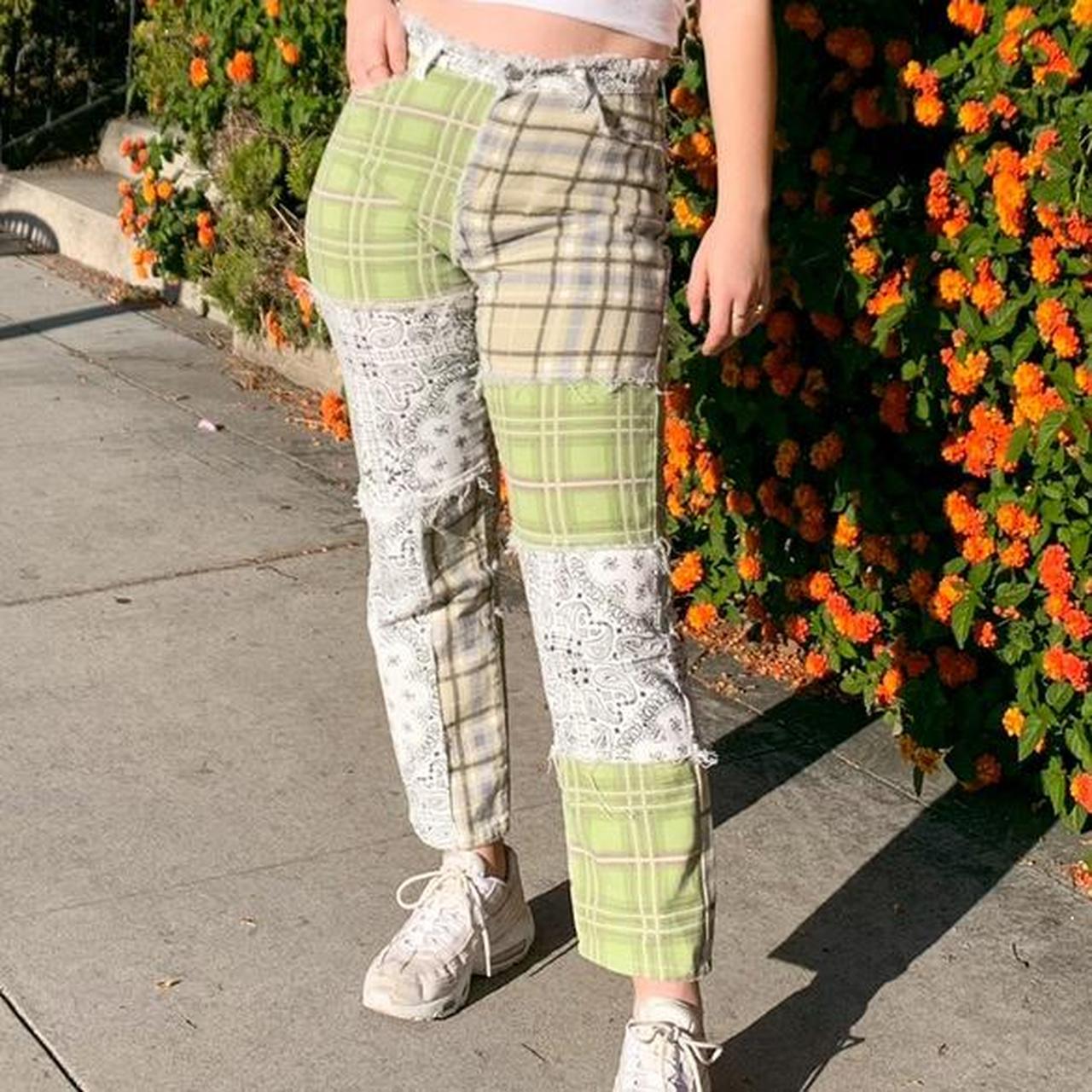 FREE SHIP 💚 cute patchwork pants. Sage green with... - Depop