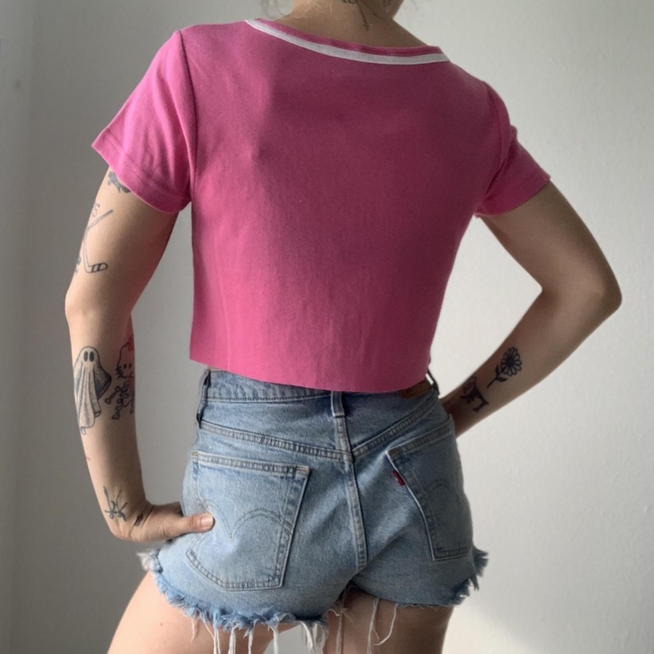 Vintage Crop Top - pink with white stripe retro crop... - Depop