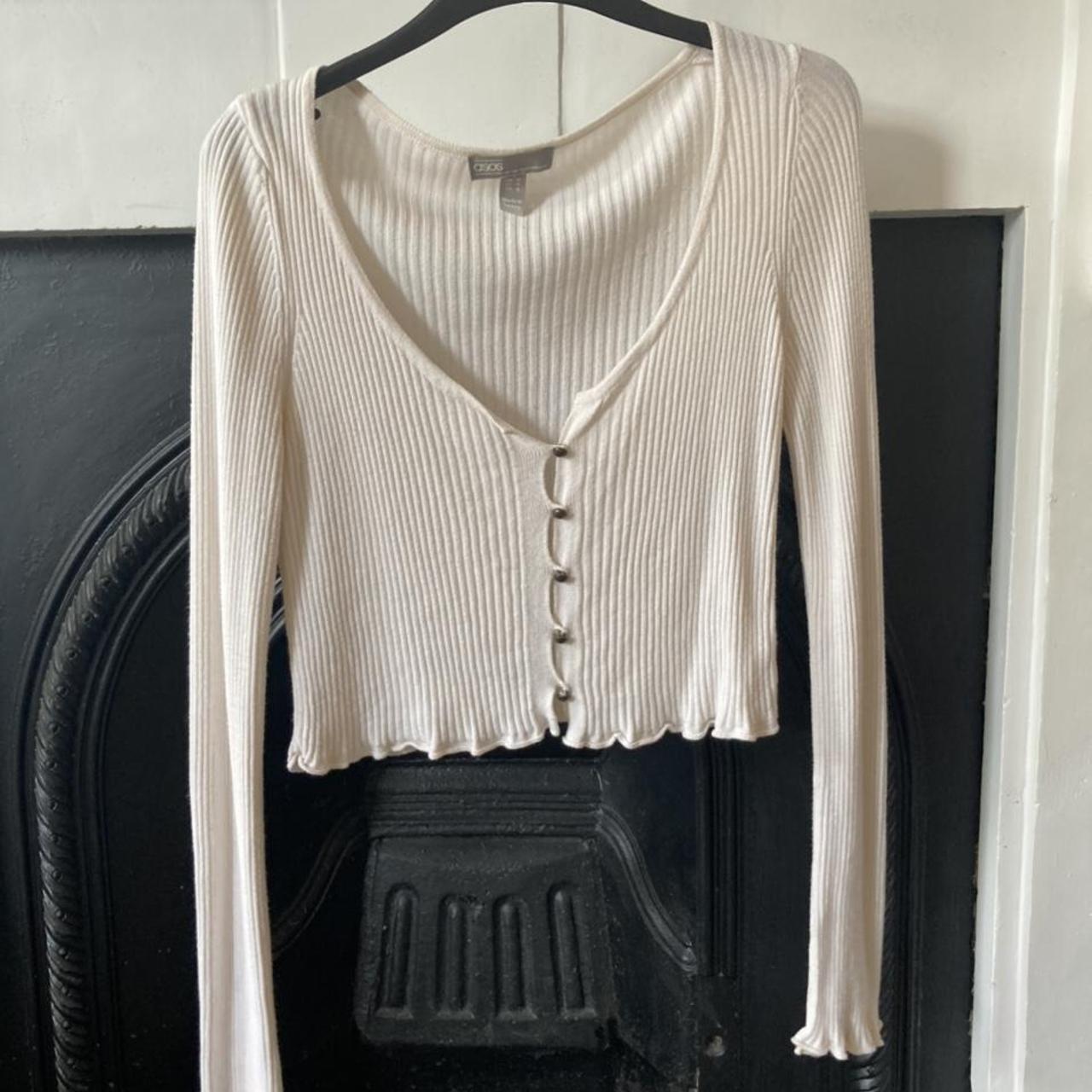 Asos cream/white ribbed cardigan with lettuce hem... - Depop