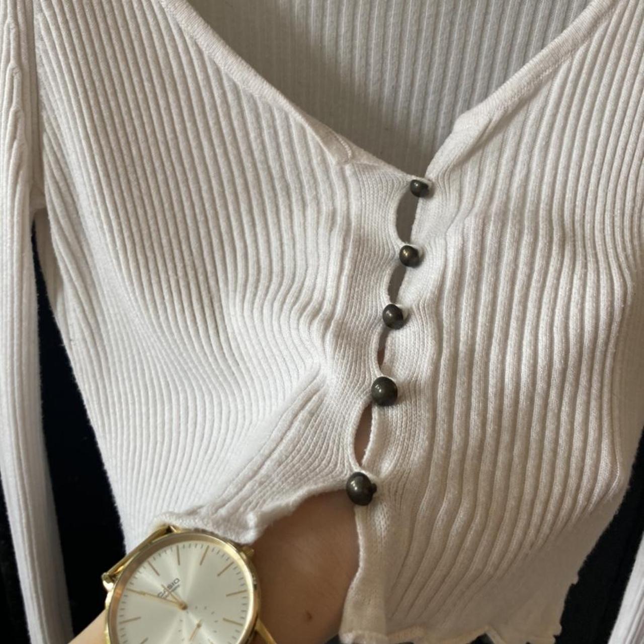 Asos cream/white ribbed cardigan with lettuce hem... - Depop