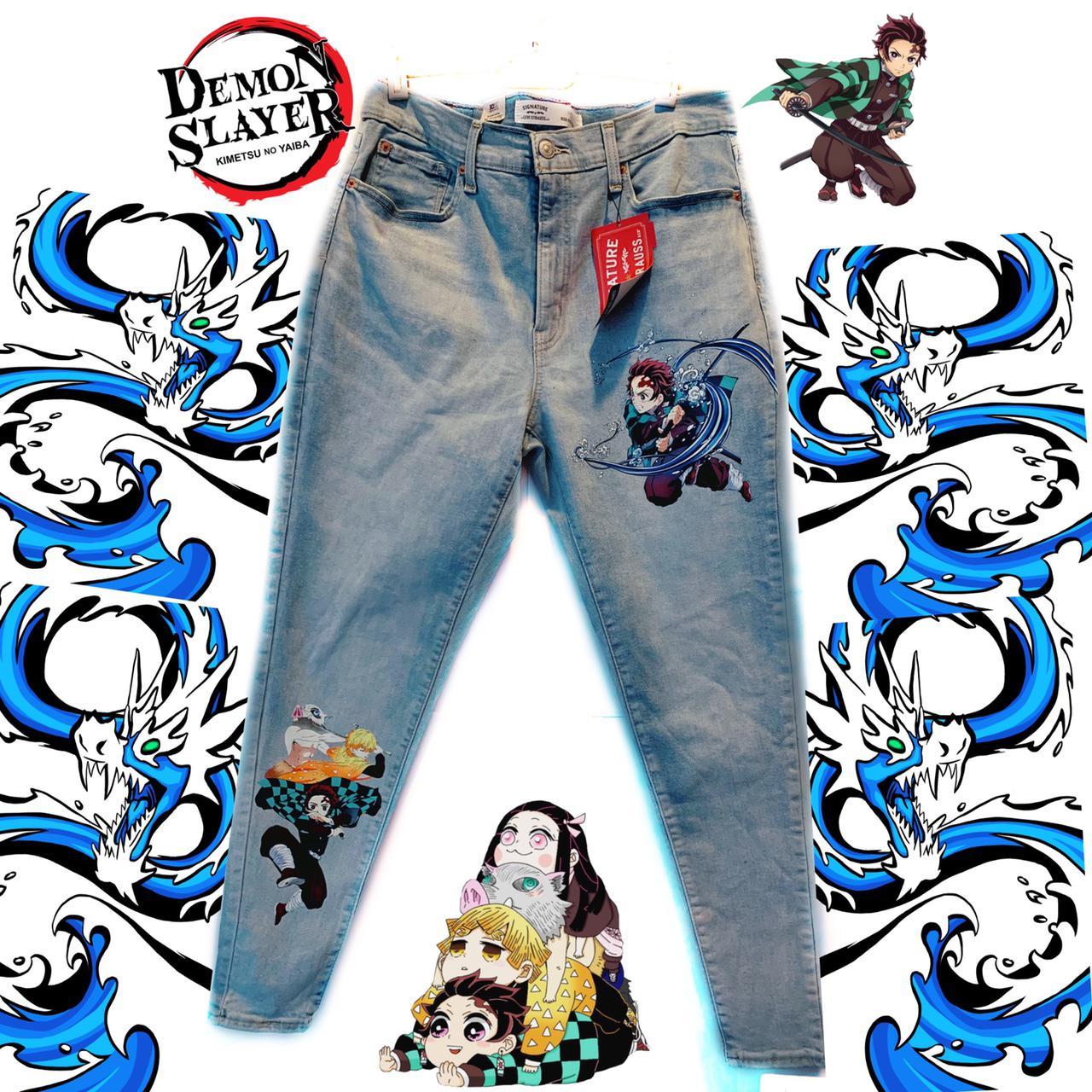 Demon Slayer Kimetsu No Yaiba Handmade Jeans with... - Depop