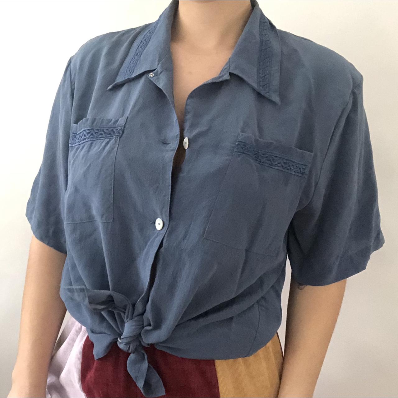 vintage blue button down with embroidered detailing... - Depop