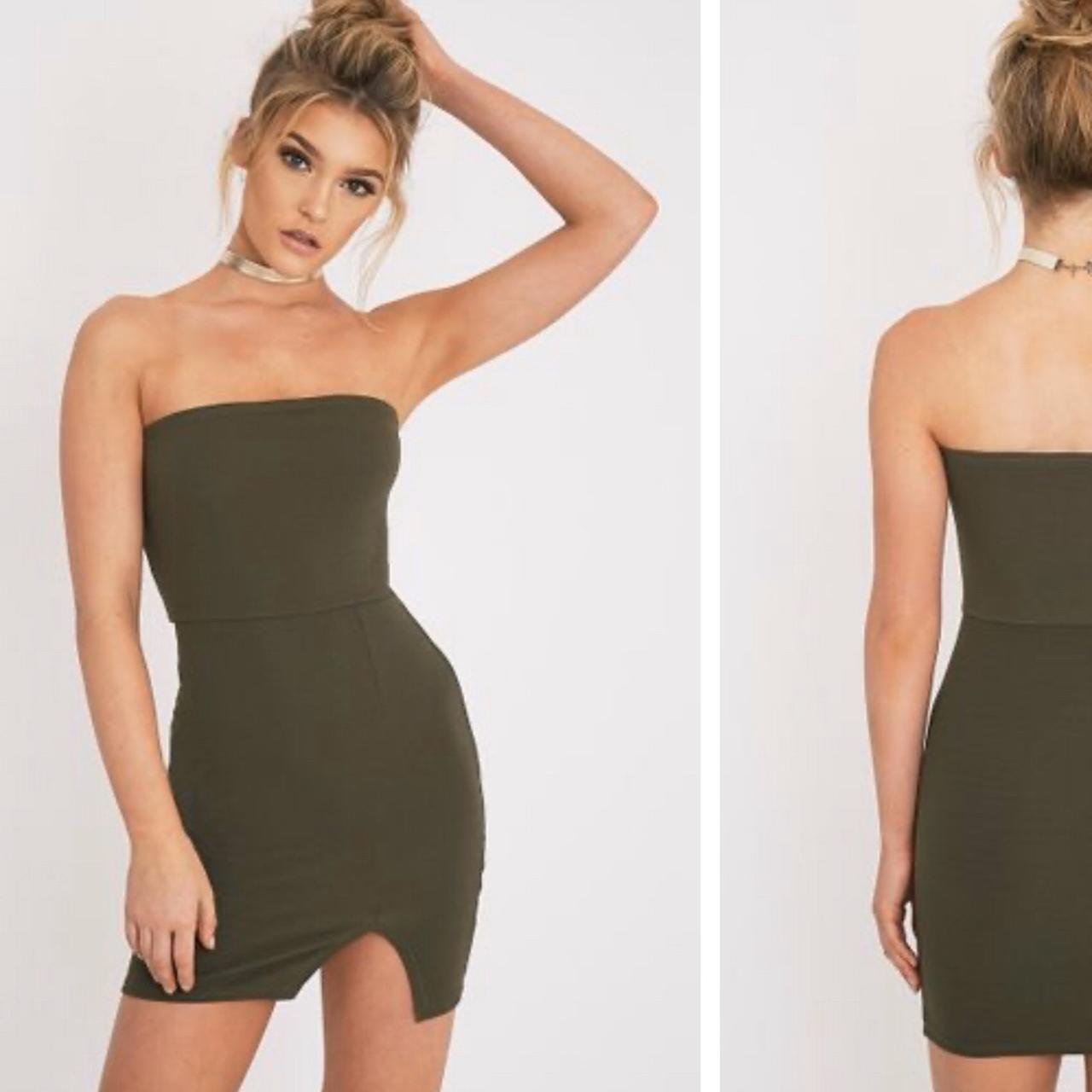 Pretty Little Thing Khaki Green Bandeau Dress • Size... - Depop