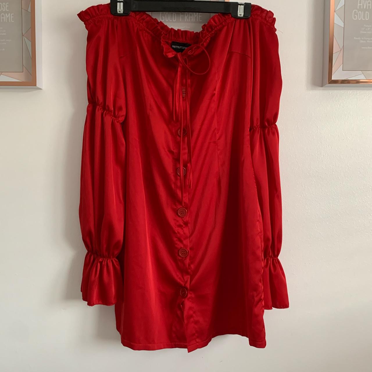 PLT RED SATIN BARDOT BUTTON DETAIL BODYCON DRESS •... - Depop