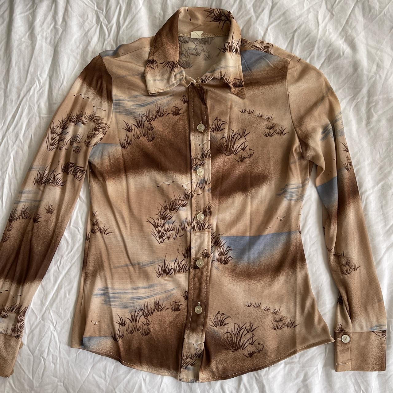 true vintage button up blouse with beach scene... - Depop