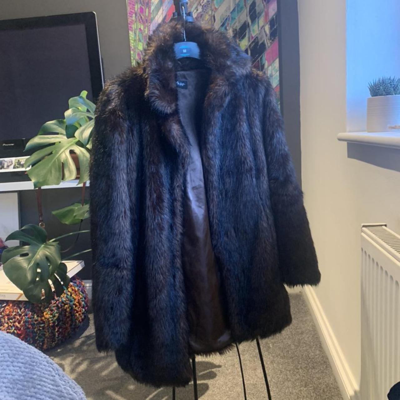 Brown and black faux fur jacket size small perfect... - Depop